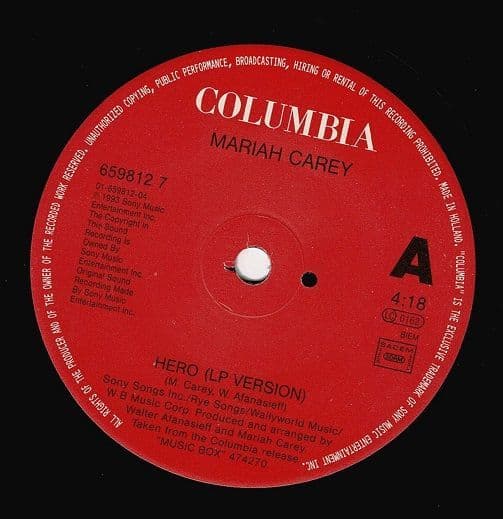 MARIAH CAREY Hero Vinyl Record 7 Inch Columbia 1993